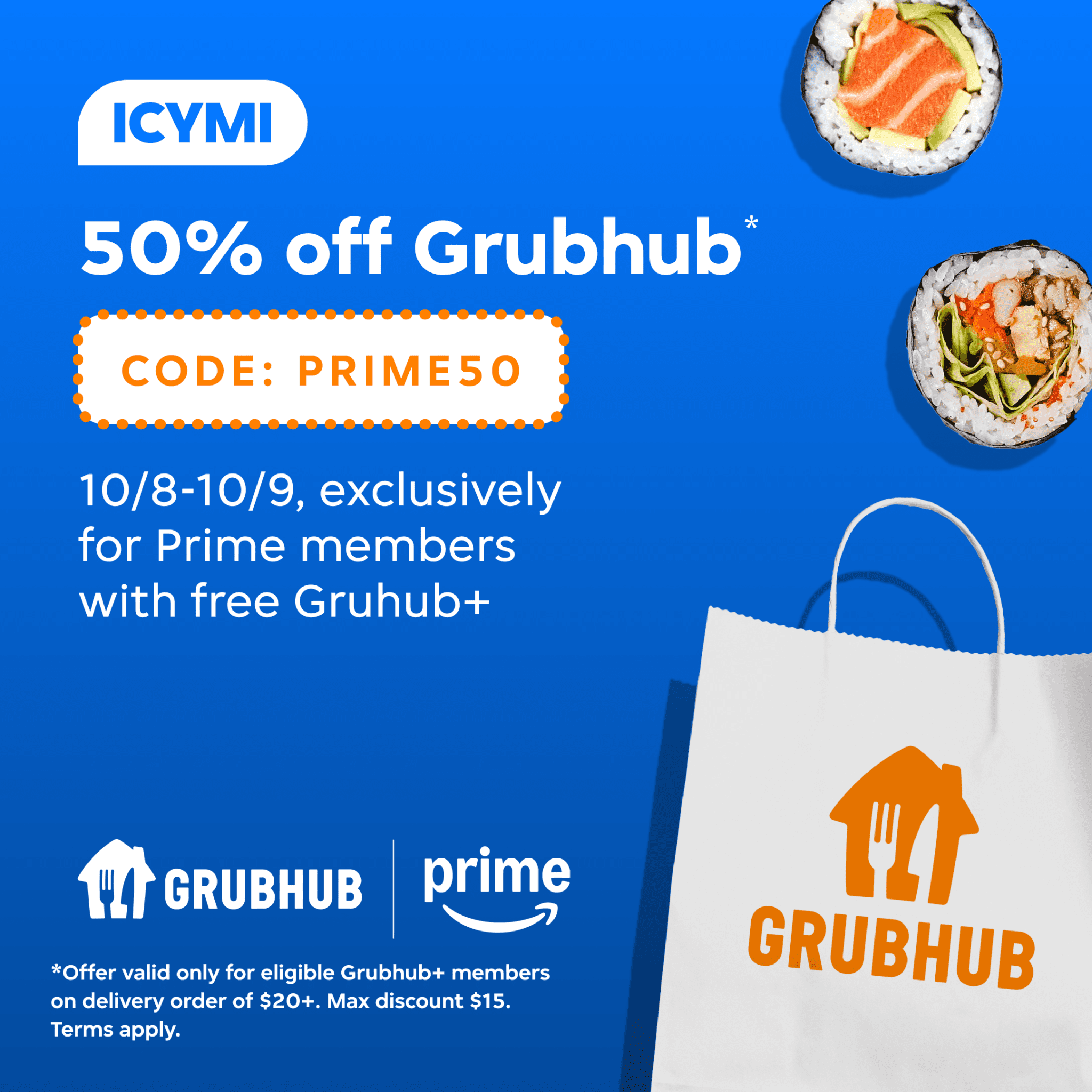 Get Your Food Fix: 50% Off Grubhub Delivery for Prime Members
